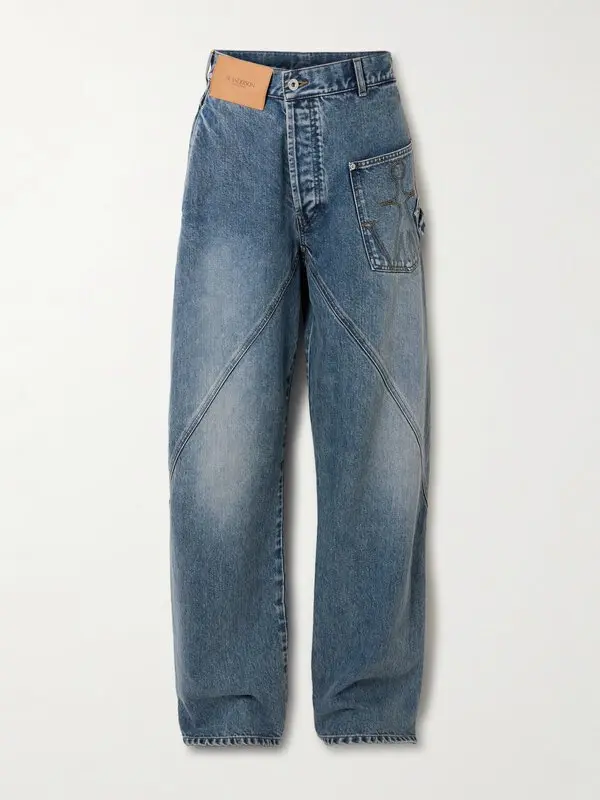 JW Anderson Twisted Asymmetric Embroidered High-rise Jeans - Blue