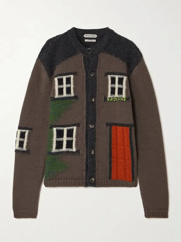 JW Anderson House Embroidered Intarsia-knit Merino Wool Cardigan - Brown