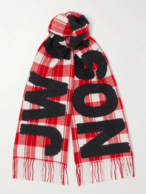 JW Anderson Fringed Appliquéd Checked Wool-blend Scarf - Red