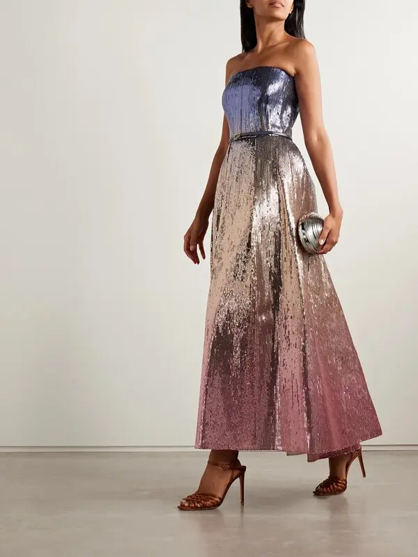 Elie Saab Strapless Pleated Sequined Tulle Gown