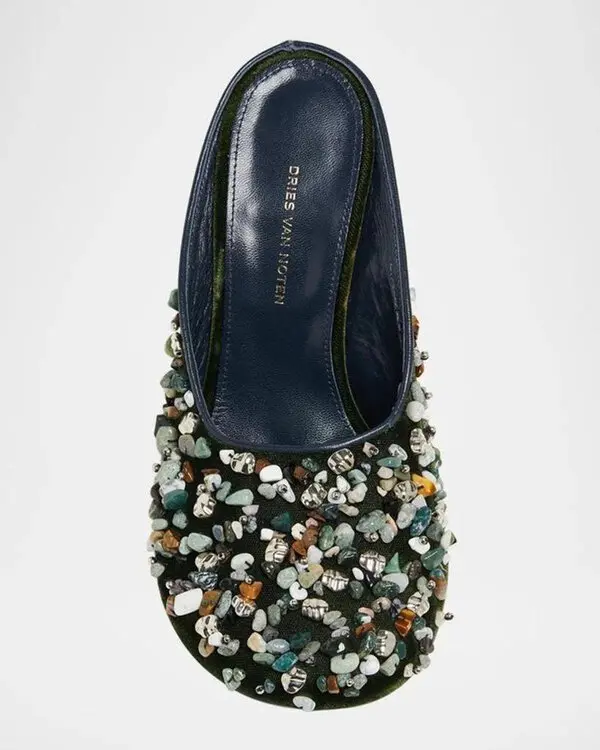 Dries Van Noten Gemstone Embellished Velvet Wedge Mules - Olive