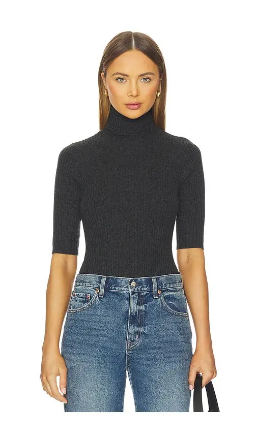Autumn Cashmere Cropped Elbow Sleeve Ribbed Turtleneck Top