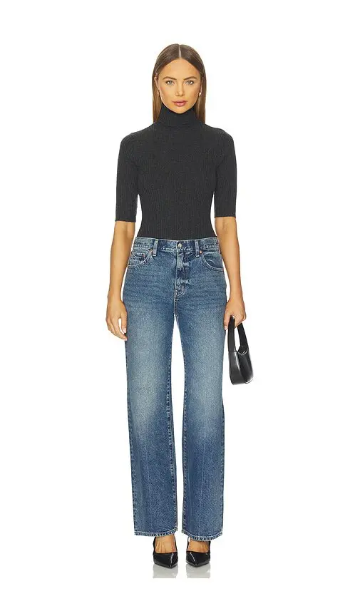 Autumn Cashmere Cropped Elbow Sleeve Ribbed Turtleneck Top