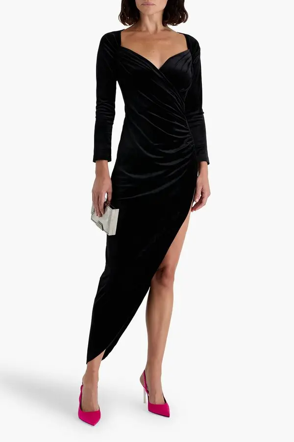 Norma Kamali Asymmetric Ruched Velvet Maxi Dress - Black - 55% Off |  Editorialist