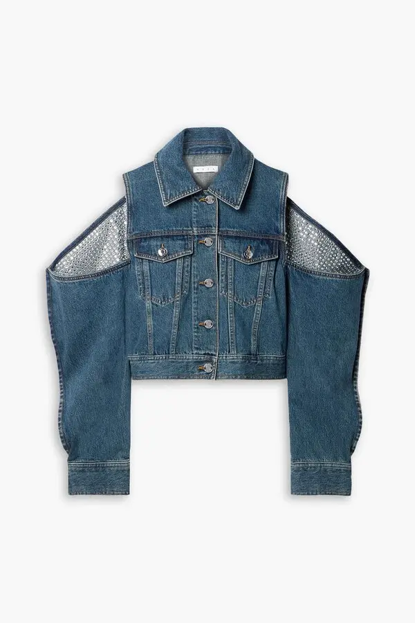 AREA Cutout Crystal-embellished Denim Jacket