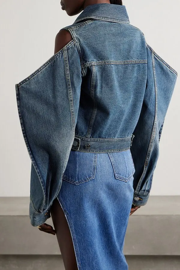 AREA Cutout Crystal-embellished Denim Jacket