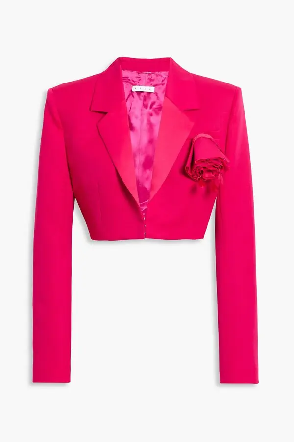 AREA Cropped Floral-appliquéd Wool-twill Blazer