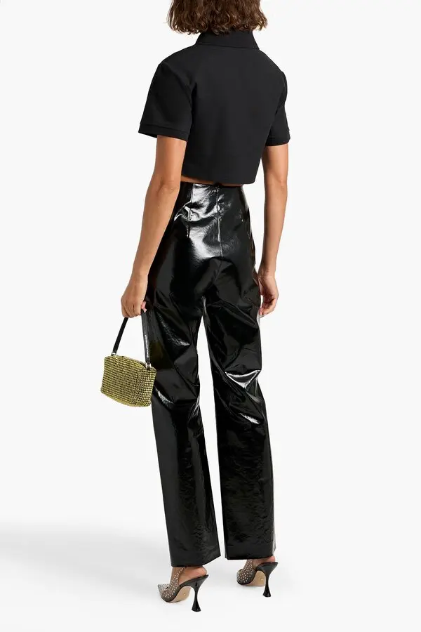 AREA Embellished Cropped Cotton-piqué Polo Shirt - Black