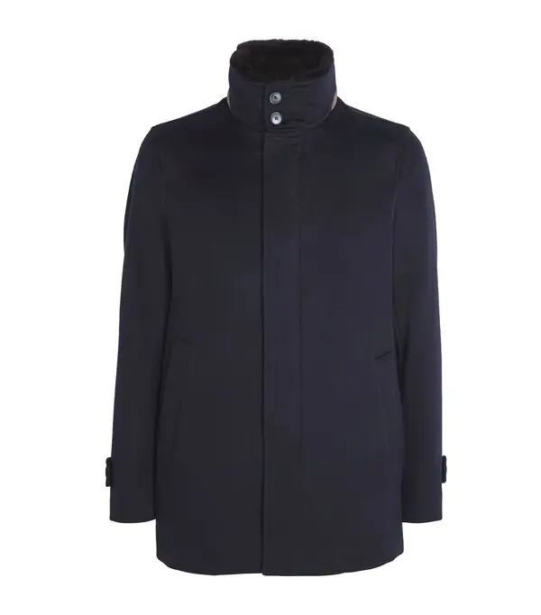 Herno Cashmere Car Coat With Shearling Trim - Navy