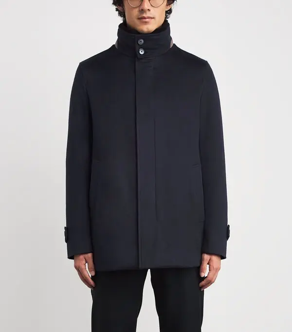 Herno Cashmere Car Coat With Shearling Trim - Navy
