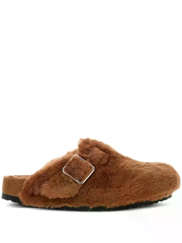 BIRKENSTOCK Shearling Buckle Mules - Brown