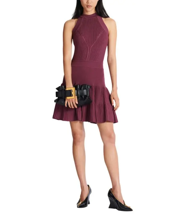 Balmain Sleeveless Flared Dress In Openwork Knit - Purple