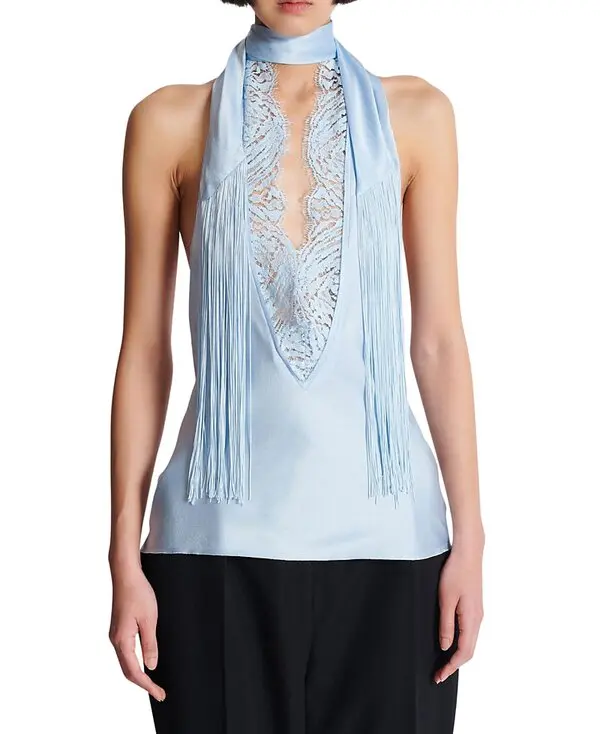 Balmain Backless Fringed Satin Top - Blue