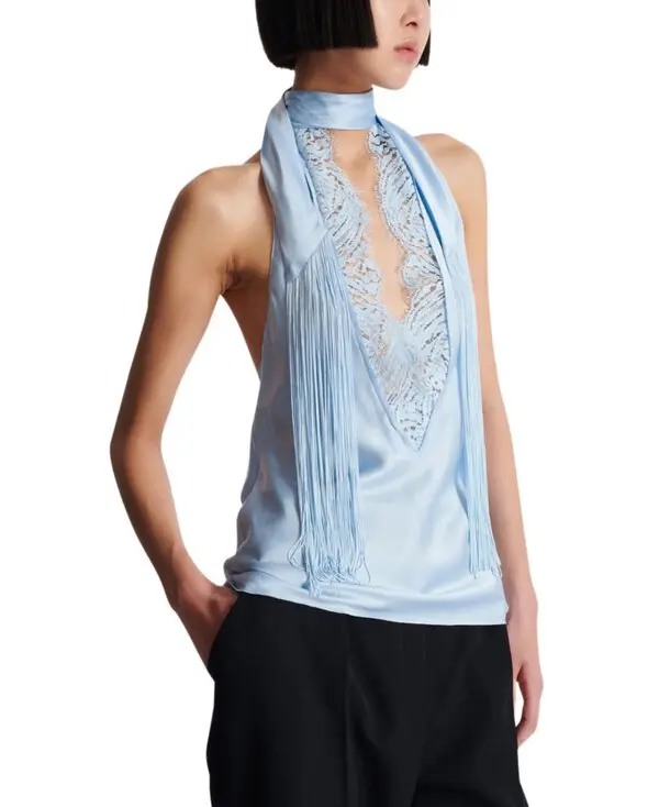 Balmain Backless Fringed Satin Top - Blue