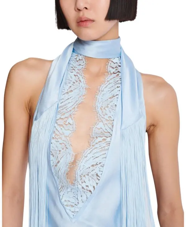 Balmain Backless Fringed Satin Top - Blue