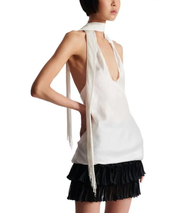 Balmain Backless Fringed Satin Top