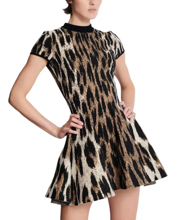 Balmain A-line Leopard Print Jacquard Dress