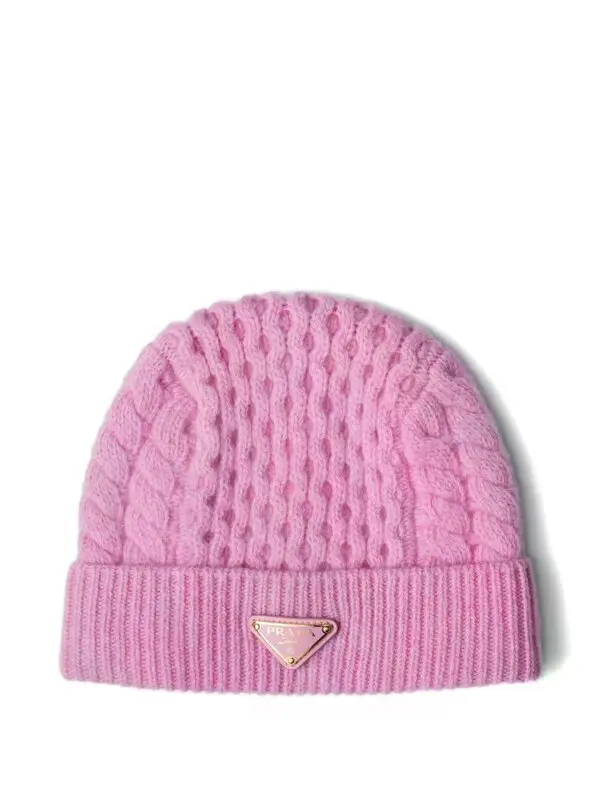 Prada Cable-knit Triangle-logo Beanie - Pink