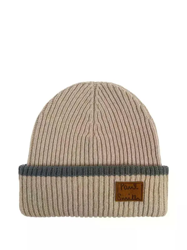 Paul Smith Ribbed Beanie With Logo Patch - Neutrals