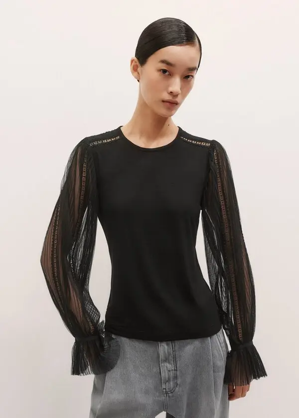 ME+EM Lace Insert Tulle Blouse - Black