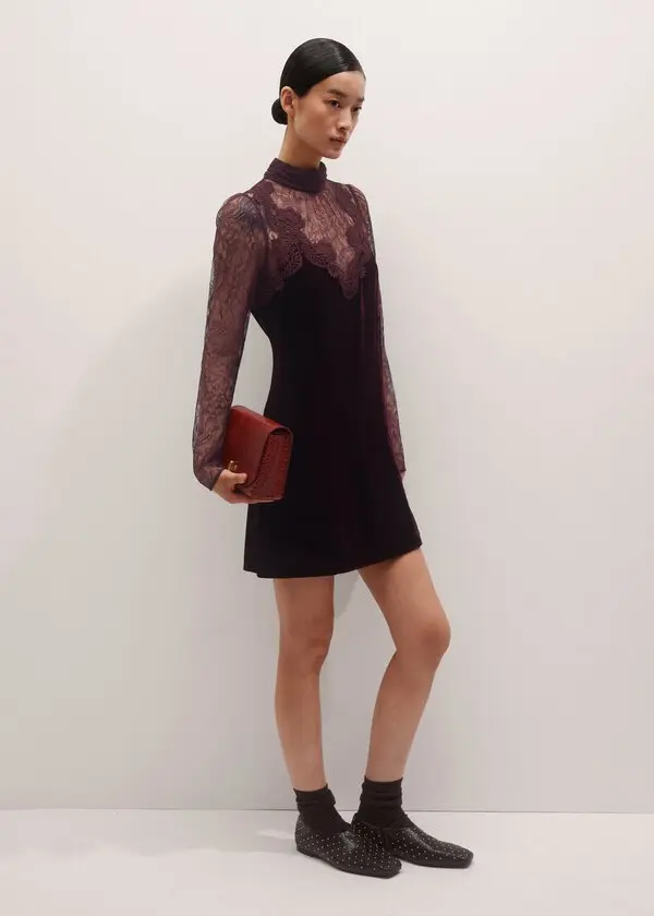 Me+em Silk Blend Velvet Lace Mini Dress - Deep Merlot