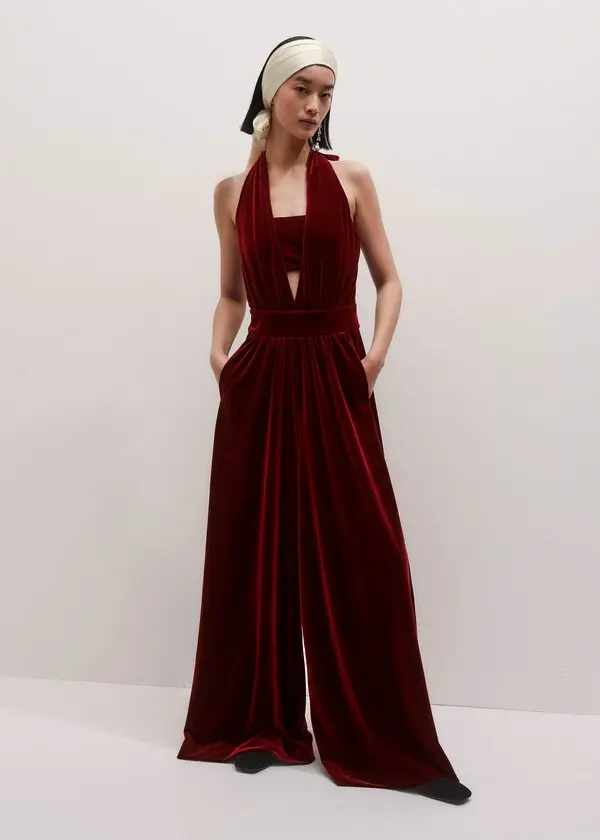 ME+EM Fluid Velour Halterneck Jumpsuit - Deep Ruby Red
