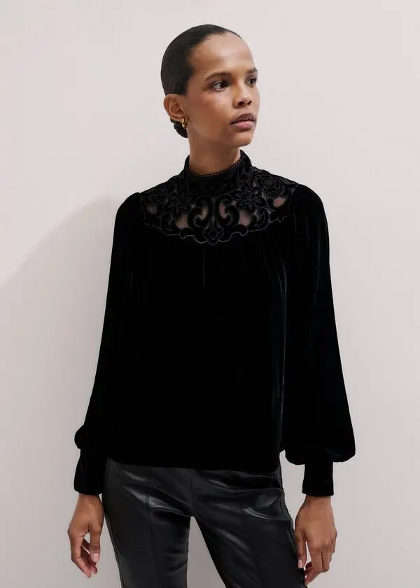 ME+EM Silk Blend Velvet Embroidered Top