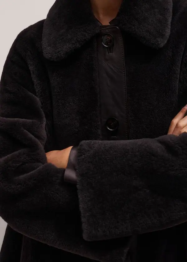 ME+EM Shearling Leather Mix Swing Coat - Chocolate
