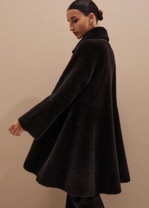 ME+EM Shearling Leather Mix Swing Coat - Chocolate
