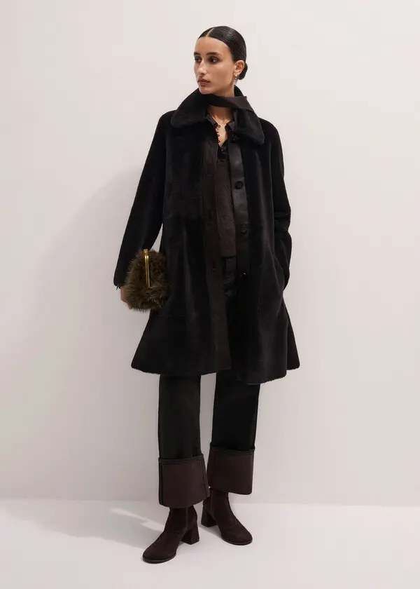 ME+EM Shearling Leather Mix Swing Coat - Chocolate