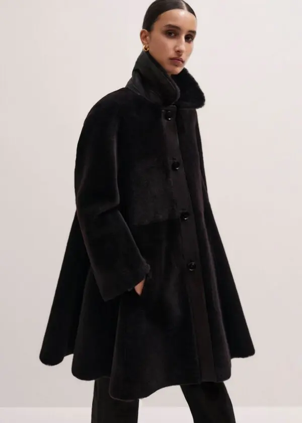 ME+EM Shearling Leather Mix Swing Coat - Chocolate