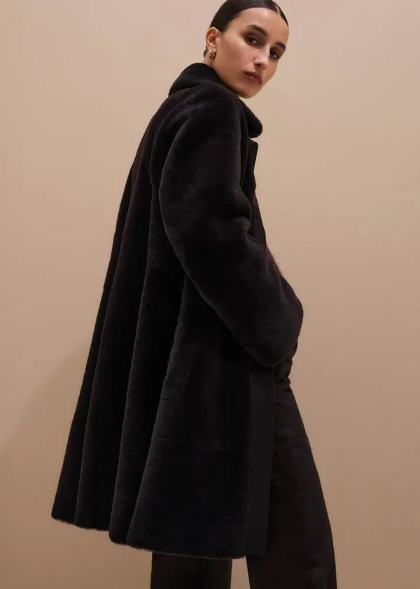 ME+EM Shearling Leather Mix Swing Coat - Chocolate