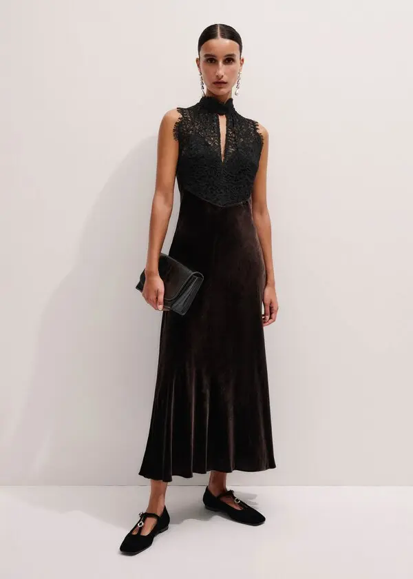 ME+EM Silk Blend Velvet Maxi Dress With Lace Panels - Double Espresso