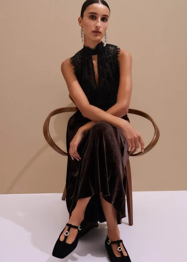 ME+EM Silk Blend Velvet Maxi Dress With Lace Panels