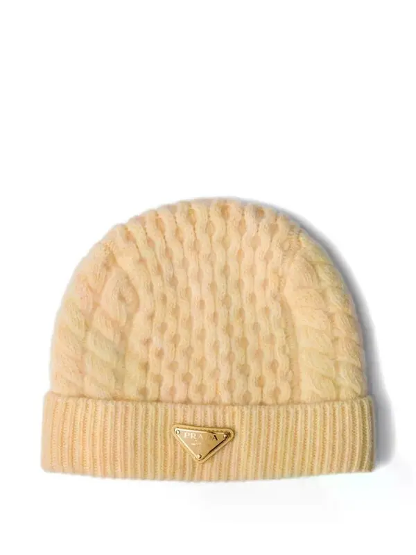 Prada Cable-knit Beanie With Metal Logo - Yellow