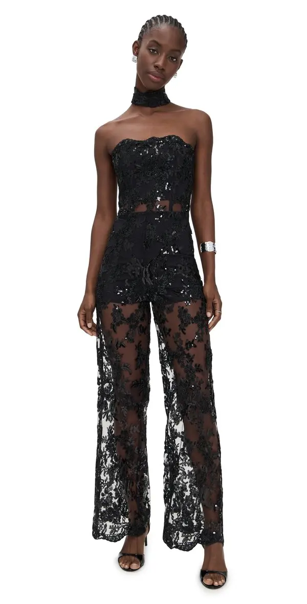 Alice + Olivia Georgie Sequin Lace Jumpsuit - Black