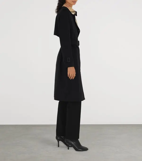 Burberry Gabardine Long Trench Coat With Check Collar