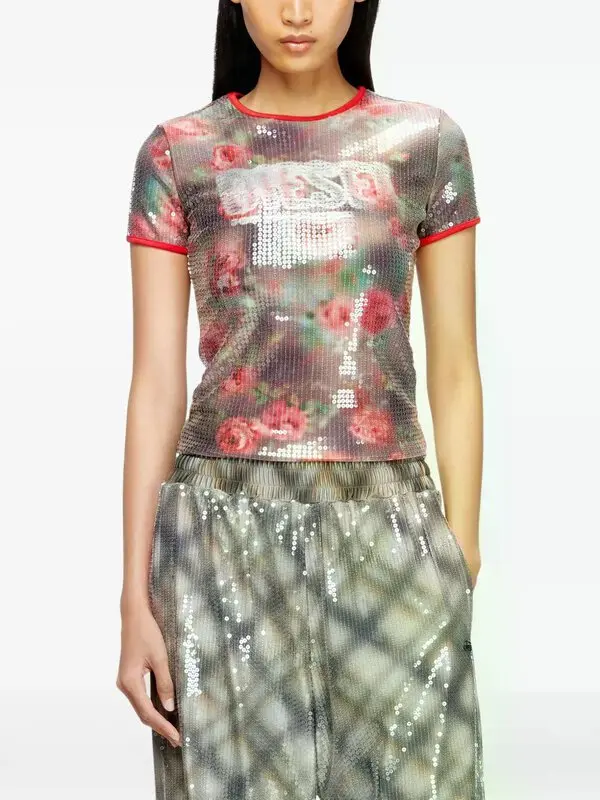 DIESEL® Skinny Floral Print Sequin Top - Brown