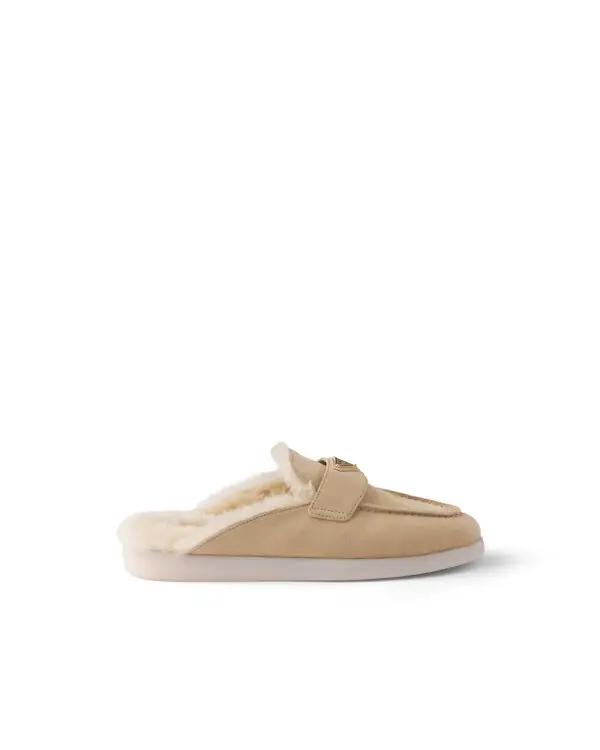 Prada Suede And Shearling Mules - Neutral