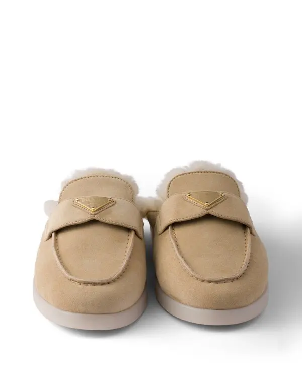 Prada Suede And Shearling Mules - Neutral