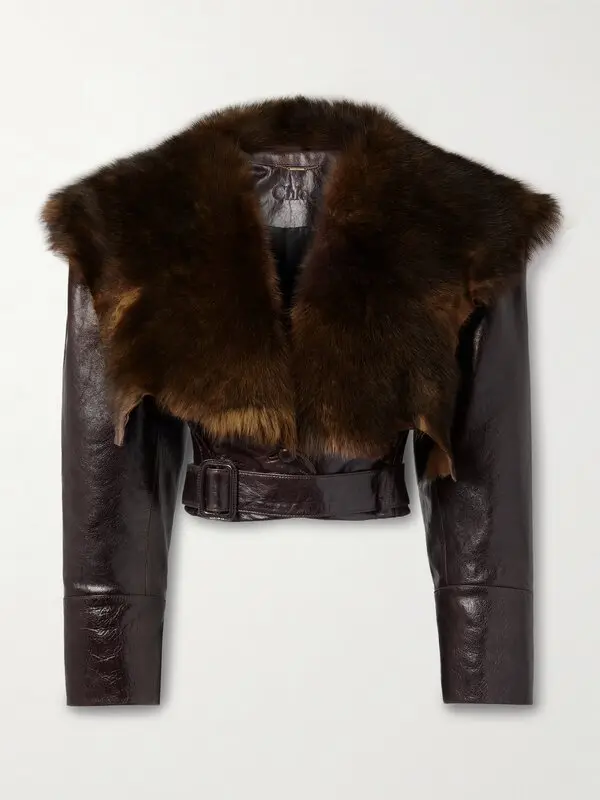 Chloé Cropped Belted Shearling-trimmed Glossed-leather Jacket - Brown