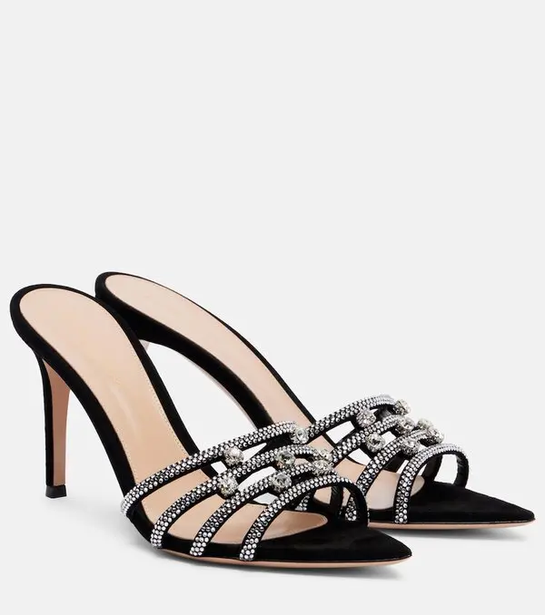 GIANVITO ROSSI Elizabeth Crystal-embellished Suede Mules - Black