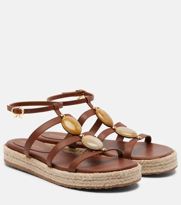 GIANVITO ROSSI Embellished Leather Espadrille Sandals - Brown