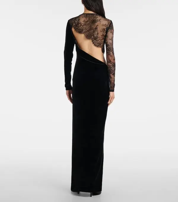 Self-Portrait Cutout Lace-Trimmed Velvet Maxi Dress In Black | Editorialist