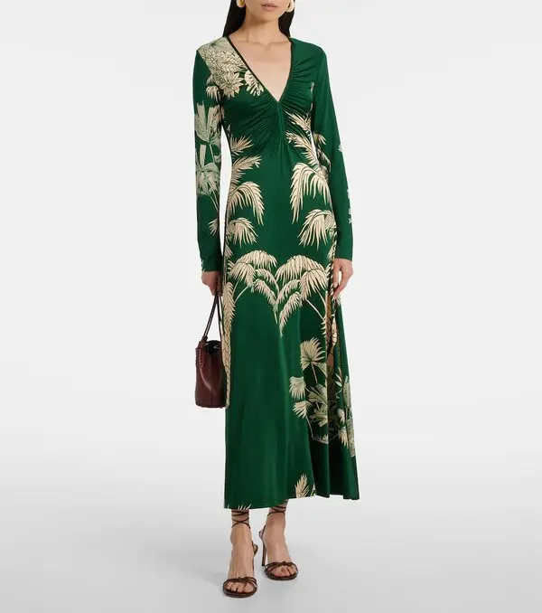 Johanna Ortiz Printed Ruched Jersey Midi Dress - Green
