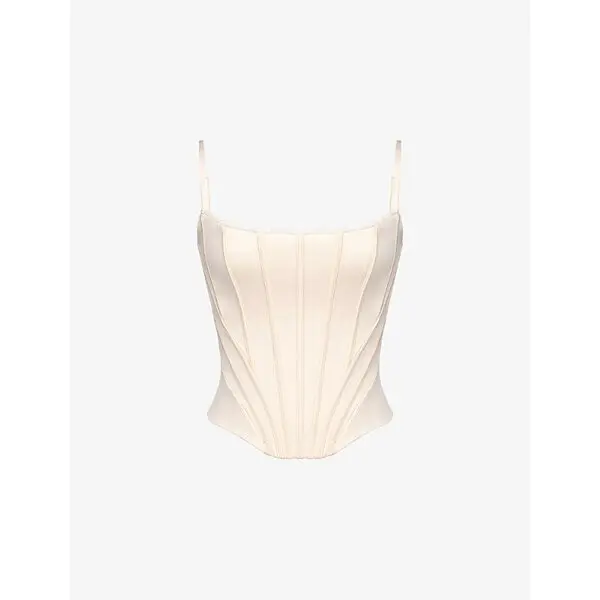 House Of Cb Cadie Graphic-print Satin Corset Top - Cream