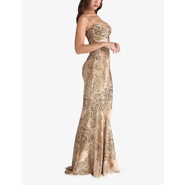 slim fit dress slacks High Life Rose Gold Sequin Square Neck Split Front Maxi Dress – Club L  London main image 1