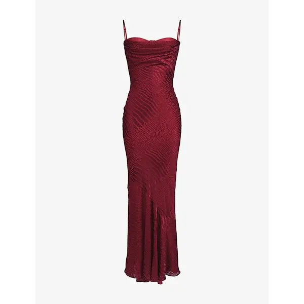 strapless open back dress Elina Satin Necklace Maxi Dress / Red | Meshki main image 1