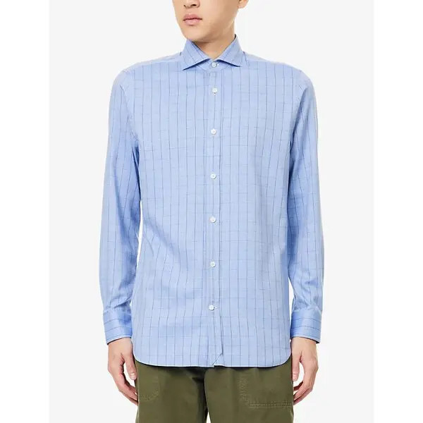 Dunhill Giza Checked Regular-fit Cotton And Cashmere-blend Shirt - Blue