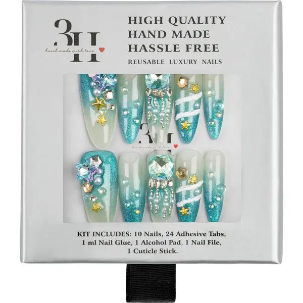 3H NAILS Ocean Goddess Luxury Handmade Press On Nails - Teal Ombré Nails